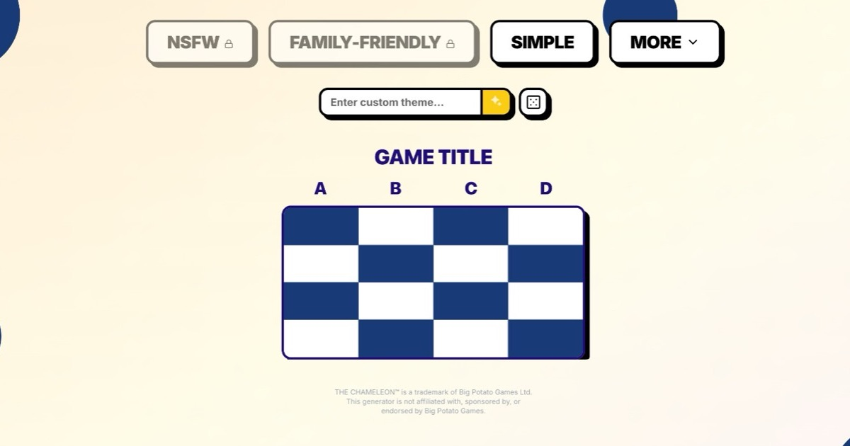 The Chameleon® Game Online | Free Word Grid Generator | CardYard.ai